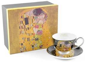 HOME ELEMENTS Porcelánový hrnek s podšálkem 250 ml, Klimt,Polibek tmavý