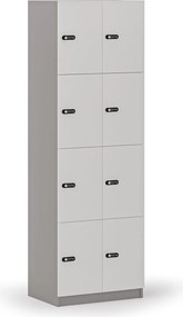 Dřevěná šatní skříňka S4 s úložnými boxy, 8 boxů, demont, mechanický kódový zámek, šedá/bílá