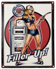 Nástěnná kovová cedule žena u benzínky Filler Up – 20x1x25 cm