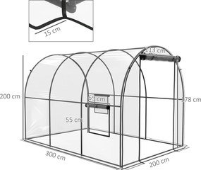 Zahradní skleník Outsunny - Tonnel pro rajčata, půdorys 6 m², 3L x 2W x 2H m, zpevněný trubkový rám, zipové dveře, 2 vysouvací okna - Průhledný