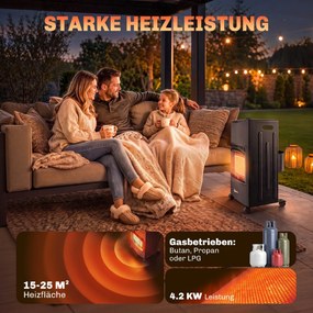Outsunny Plynový topič venkovní 1,5-4,2 kW sklopný terasový topič s kolečky, ochranným krytem, 3 výkonnostními stupni, hadicí