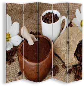 Ozdobný paraván, Mletá káva - 180x170 cm, pětidílný, obustranný paraván 360°