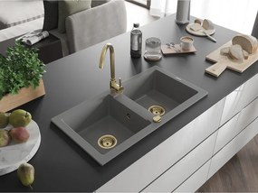 Mexen Mario, granitový dřez 820x436x161 mm, 2-komorový, šedá se zlatým sifonem, 6504822000-71-G