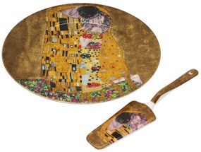 HOME ELEMENTS Porcelánový kulatý talíř na dort se lžící, Klimt, Polibek zlatý