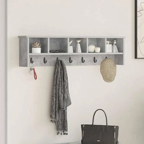 věšák, nástěnný, 5 poliček, háčky, kompozitní dřevo, 26x100x16 cm, beton šedá, Dekorino TK20260022