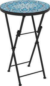 Skládací postranní stůl Outsunny s mozaikovým designem, kulatý odolný kovový balkonový stůl Ø35,5 x 55 cm, campingový stůl, skládací stůl, konferenční