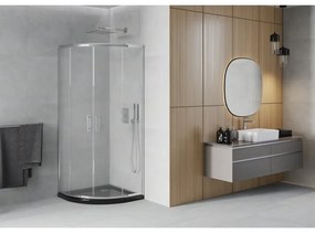 Mexen Rio, čtvrtkruhový sprchový kout s posuvnými dveřmi 90 x 90 cm, 5mm sklo námraza, chromový profil + černá sprchová vanička, 863-090-090-01-30-4170