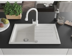 Mexen Bruno, 1-komorový granitový dřez 795x495x200 mm a dřezová baterie Elia, bílá, 6513-20-670101-20