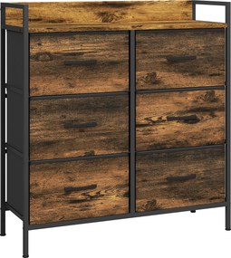 HOMCOM komoda 6 zásuvek | látkové zásuvky a ocelový rám | industriální 79 x 29 x 85 cm, rustikálně hnědá