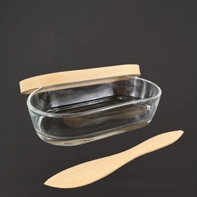 AMADEA Skleněná máslenka s dřevěným poklopem a nožem, 19 cm