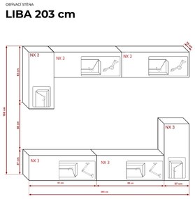 Ral Obývací stěna LIBA 2, 203 cm - Černý lesk