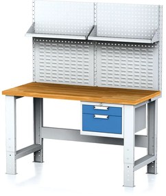 Alfa 3 Nastavitelný dílenský stůl MECHANIC I , závěsný box na nářadí, nástavba, police,2 zásuvky, 1500x685x700-1055 mm, modré