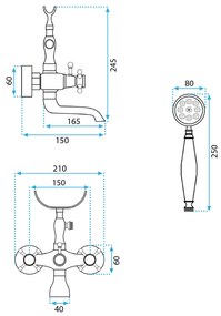 Rea Rustico, nástěnná vanová baterie s ruční sprchovou soupravou, retro černá, REA-B0701