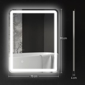HOMCOM koupelnové zrcadlo, osvětlené, dotykové ovládání, proti zamlžení, stmívatelné, 3 barvy světla, 70x90, stříbrná