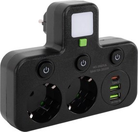 Toolight Toolight, JNH017, zásuvkový rozbočovač 2 zásuvky + 2× USB-A + USB-C s LED světlem, černá, OSW-56308