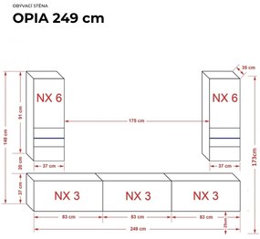 Ral Obývací stěna OPIA 6, 249 cm - Sonoma