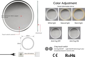 Erga Carla, kulaté LED zrcadlo 120cm, 2760 lm, 3 barvy světla, ERG-V01-208-1212