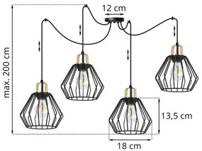 Závěsné svítidlo NUVOLA SPIDER 5, 4x černé drátěné stínítko, G