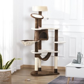 PawHut škrabadlo XXL kočičí strom 153H cm s kočičí jeskyní, houpací síť, šplhací strom pro kočky, plyš, hnědá barva pro hraní a relaxaci