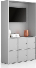 Kancelářská skříň FRAME, 6x dveře, prostor pro TV, 1299 x 450 x 2162 mm, cylindrický zámek, šedá