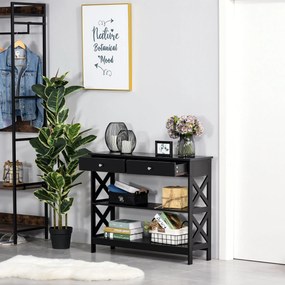 HOMCOM Moderní Konzolový Stolek do Předsíně se 2 Zásuvkami a 2 Spodními Policemi 100x30,5x80 cm Černý