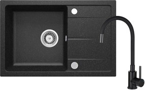 Deante Leda, granitový 1-komorový dřez na desku 670x440x164 mm + dřezová baterie s flexi ramenem N72M černá + sifon, černá, ZRDP2113