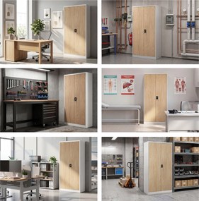 Kovová skříň s přihrádkou bílá / dub sonoma: Eco Design TOMASZ, 900 x 1850 x 450 mm