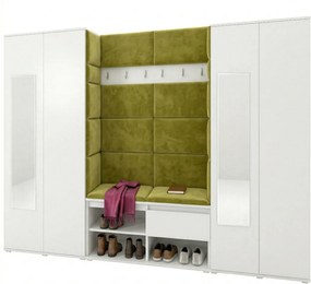 Předsíňová stěna Trinity 10 s čalouněnými panely, 280 cm, bílá / olivová