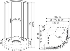 Novoterm Čtvrtkruhový sprchový kout NV-Aruba GL BL 80, černý/transparent - bez vaničky