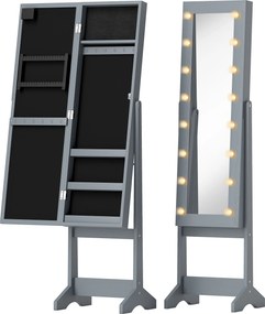 HOMCOM Šperkové zrcadlo s LED – stojací skříňka, nastavitelný celozrcadlový stojan, šedá