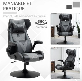Ergonomická herní židle Vinsetto s nastavitelnou výškou, kulatou základnou, sklápěcími opěrkami, podhlavníkem a bederními polštáři, PU šedá černá | Ao