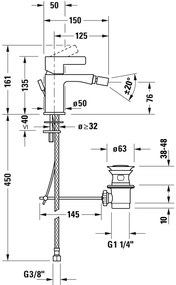 Duravit D-Neo - Bidetová páková baterie s odtokovou soupravou, chrom DE2400001010