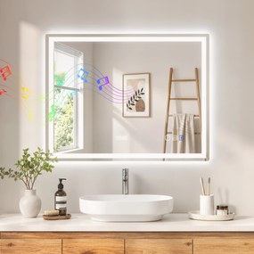 HOMCOM LED koupelnové zrcadlo Bluetooth 90 x 70 cm dotykový spínač, stmívatelné světlo 3 barvy, protimlž, paměť, stříbrné