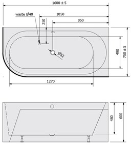 Polysan Monolith volně stojící vana ASTRA R MONOLITH, 160x75x60 cm, 34611M