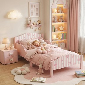 AIYAPLAY Montessori postýlka pro děti 3-6 let 146x76,5 cm, ochrana proti pádu, tvar mašle pro dětský pokoj, růžová