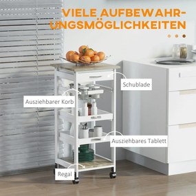 HOMCOM Bílý MDF kuchyňský vozík s lehkým dubem a borovicovým dřevem s košem + 2 odnímatelnými tácemi, zásuvkou, policí