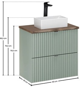 Závěsná skříňka Line Reed Green Gaja s deskou a umyvadlem 60 cm zelená/dub casella