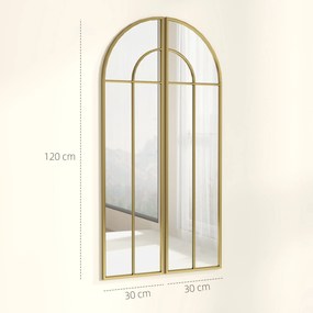 HOMCOM Dekorativní Zrcadlo na Zeď 2 Kusy 30x120 cm Okno se Zakřiveným Designem a Kovovým Rámem pro Obývací Pokoj, Ložnici a Vstup Gold