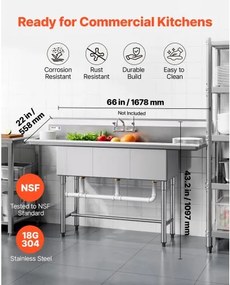 Dřez se 3 přihrádkami, Nerezová ocel 304 o průměru 18 VEVOR