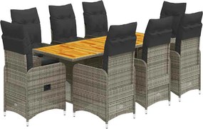 9dílný zahradní bistro set s poduškami šedý polyratan 3277030