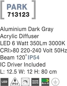 NV 713123 Venkovní sloupkové svítidlo PARK hliník tmavě šedá akrylový difuzor LED 6W 3000K 220-240V 120st. IP54 AC vč. driveru - NOVA LUCE