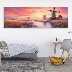 Obraz na plátně - Větrný mlýn při západu slunce FeelHappy.cz Velikost obrazu: 240 x 80 cm