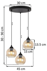 Závěsné svítidlo Costa, 3x medové skleněné stínítko, b, o