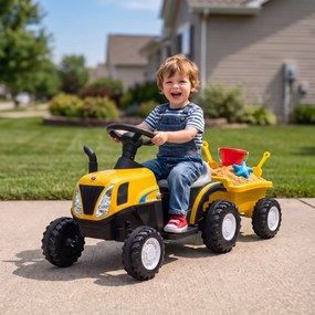 AIYAPLAY Elektrický dětský traktor s odnímatelným přívěsem, sedací traktor s lithiovou baterií, pedál na nohy, hudba, klakson, světlo, žlutá