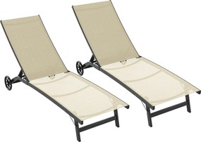 Outsunny Sada 2 skládacích lehátek z hliníku a textileny s kolečky, vícestupňový opěrák, max. zatížení 150 kg khaki | Aosom