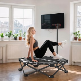 Fitness trampolína s nastavitelnou T-rukojetí, skládací, taška na přenášení, nosnost 120 kg, ocel, plast, černá barva