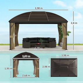 Zahradní altán 4×3 m s pevnou střechou, hliníkový pavillon, moskytiéra, bočnice, voděodolný, hnědý