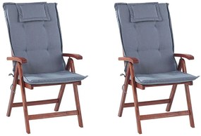 Sada dvou zahradních židlí z tmavého dřeva s modrými polštáři TOSCANA Beliani