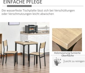 HOMCOM 3-dílný jídelní set s dřevěným stolem MDF + kov, přírodní dřevodekor + černá, 1 stůl + 2 židle| Aosom