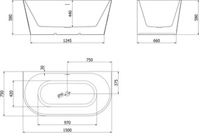 Mexen Oris, volně stojící rýhovaná vana 150 x 75 cm, bílá lesklá, grafitový přepad, 52871507500-95